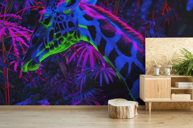 Neon Giraffe Removable Vinyl Mural / Peel and Stick Luminescent Giraffe ...