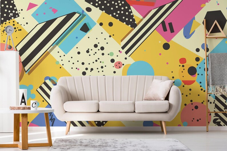 Retro Geometric Wallpaper Mural – 80s Abstract Peel & Stick - Etsy