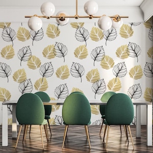Gold Leaf Removable Vinyl Mural / Peel and Stick Leaf Pattern Wallpaper ...