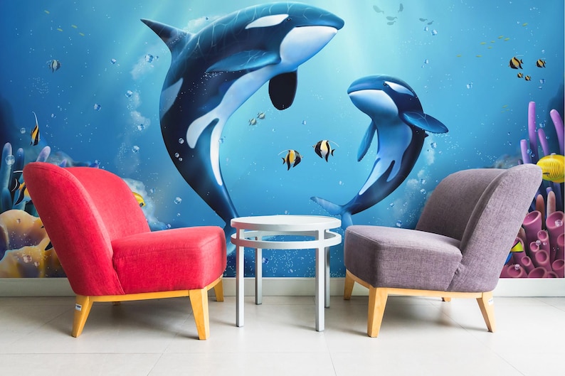 Whale Family Wallpaper – Underwater Ocean Mural, Removable - Etsy