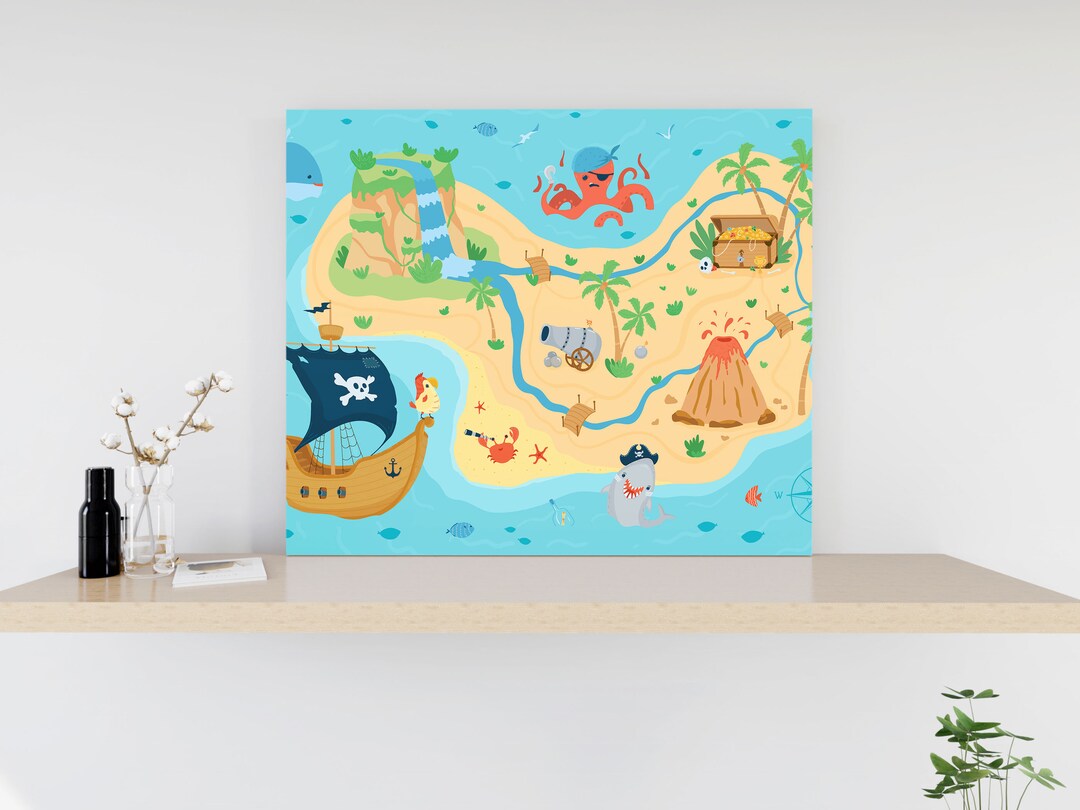 Treasure Island Canvas Print/ Sea Map Canvas Print/ Kids Map in Ocean ...