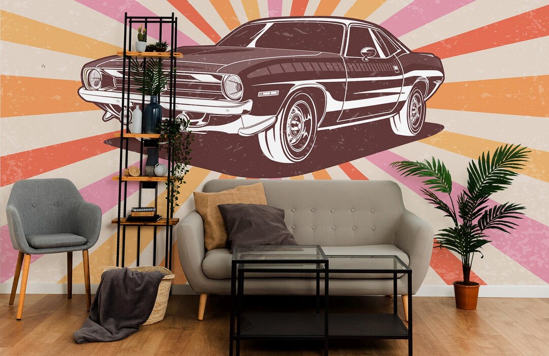Retro Muscle Car Wallpaper / Peel & Stick Vintage Car Wall Mural / Bold ...