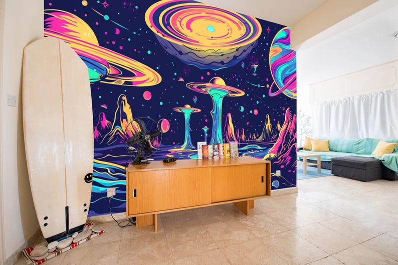 Neon Surreal Space Wallpaper – Psychedelic Galaxy Wall Mural - Etsy
