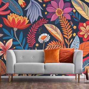 Bold Floral Meadow Wallpaper – Vibrant Botanical Wall Mural - Etsy