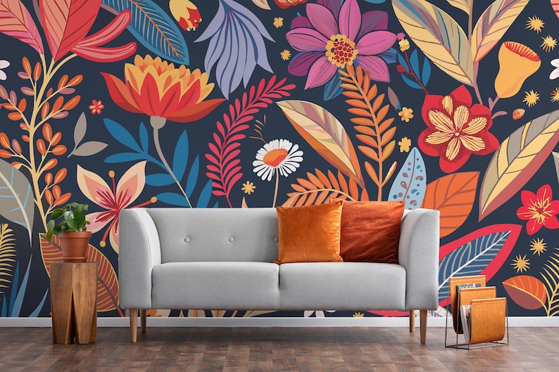 Bold Floral Meadow Wallpaper – Vibrant Botanical Wall Mural - Etsy