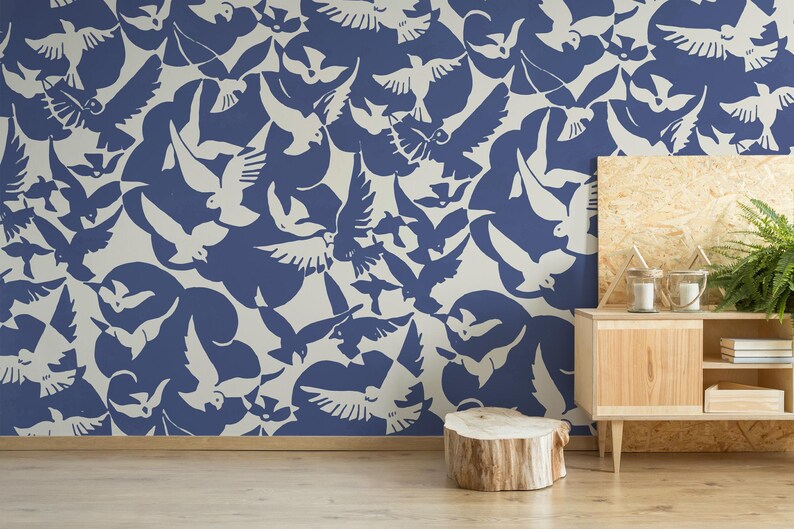 Blue Bird Flight Wallpaper – Abstract Navy Birds, Cream Graphic Mural ...