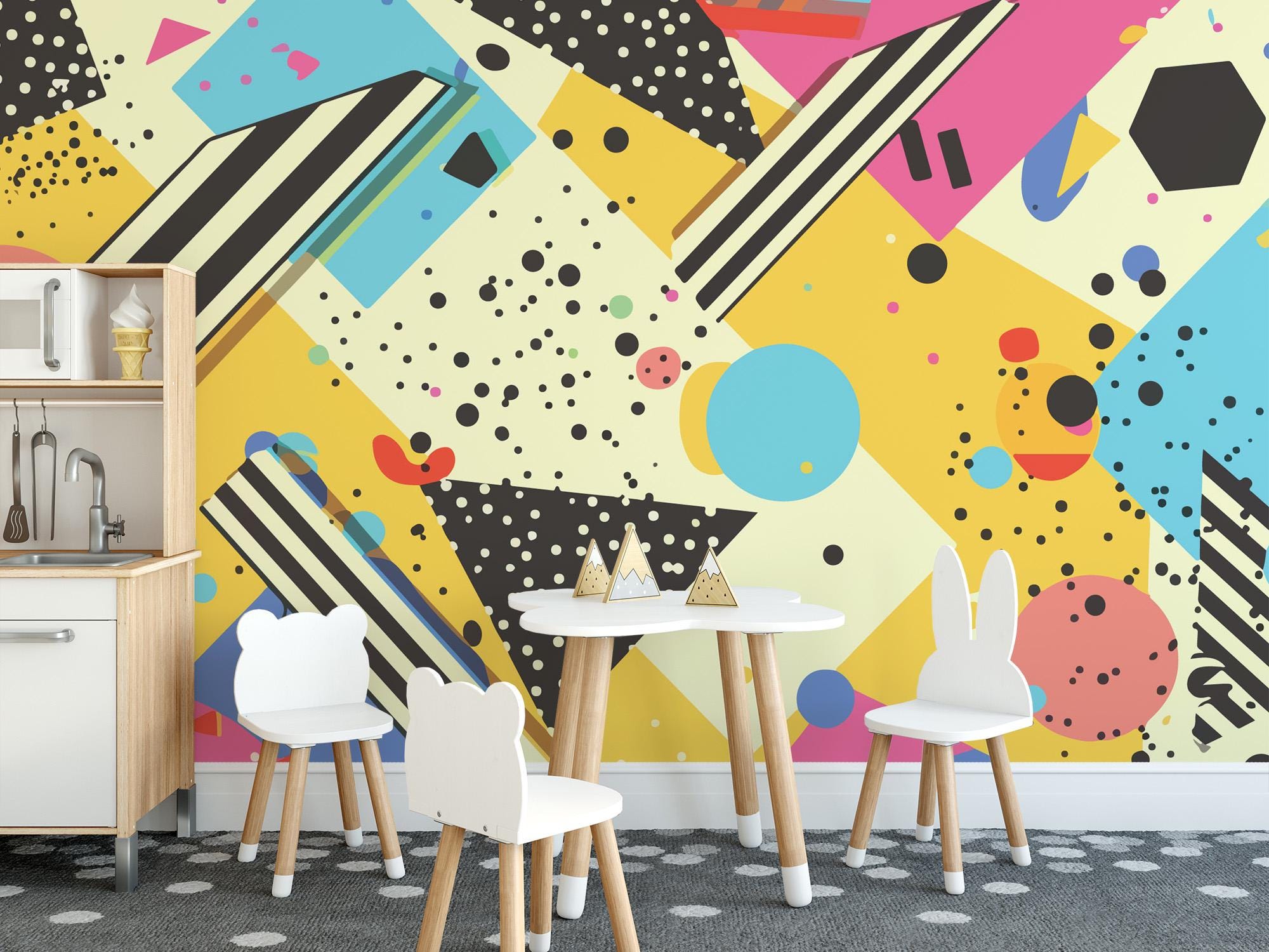 Retro Geometric Abstract Removable Vinyl Mural / Colorful Geometric ...