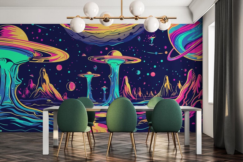 Neon Surreal Space Wallpaper – Psychedelic Galaxy Wall Mural - Etsy