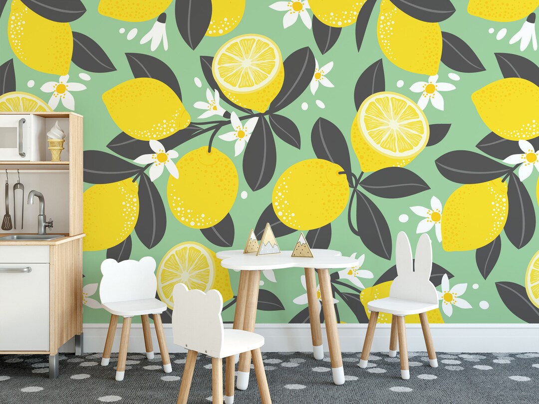 Lemon Removable Vinyl Mural / Peel and Stick Fruit Wallpaper / Lemon ...