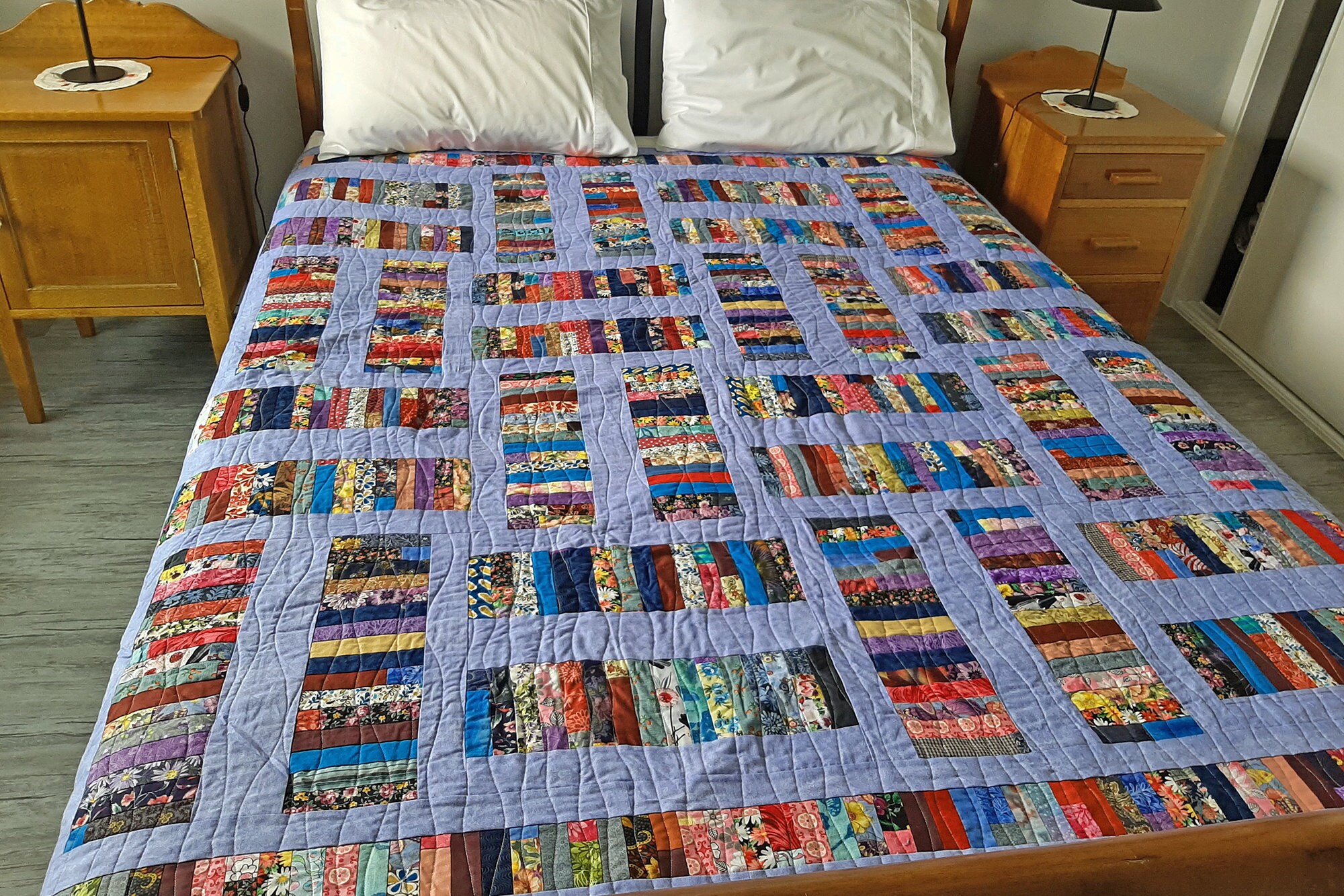 Patchwork Quilt, Handmade, Reversible, Colourful, Vibrant, Blues, Mauve ...