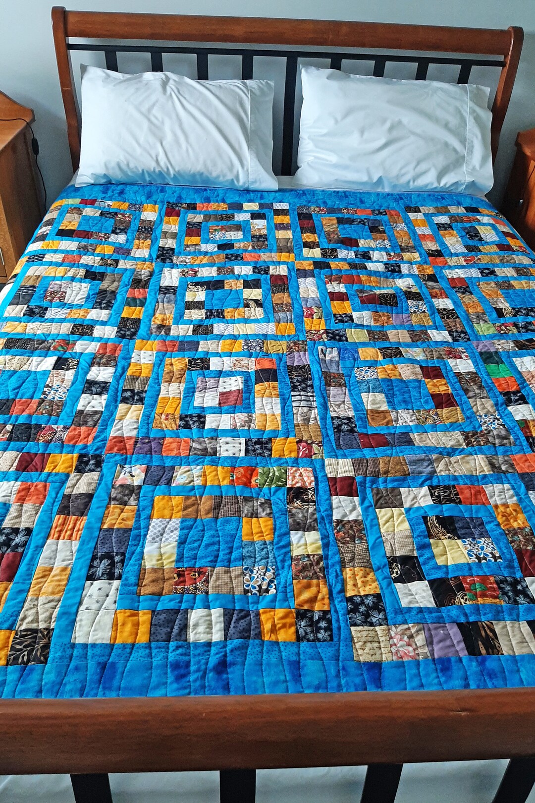 Patchwork Quilt, Handmade, Reversible, Colourful, Vibrant, Blues, Mauve ...