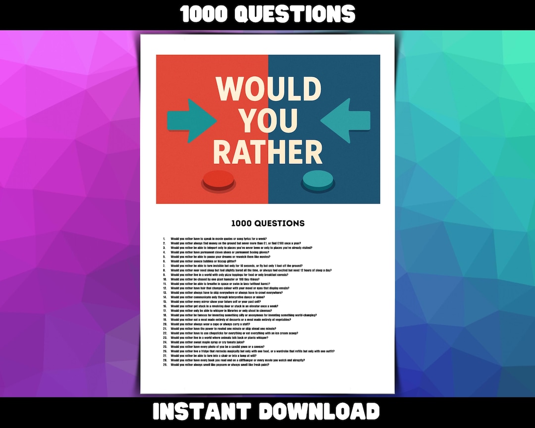 1000 Would You Rather Questions Game: Printable Lists (PDF) - Etsy UK
