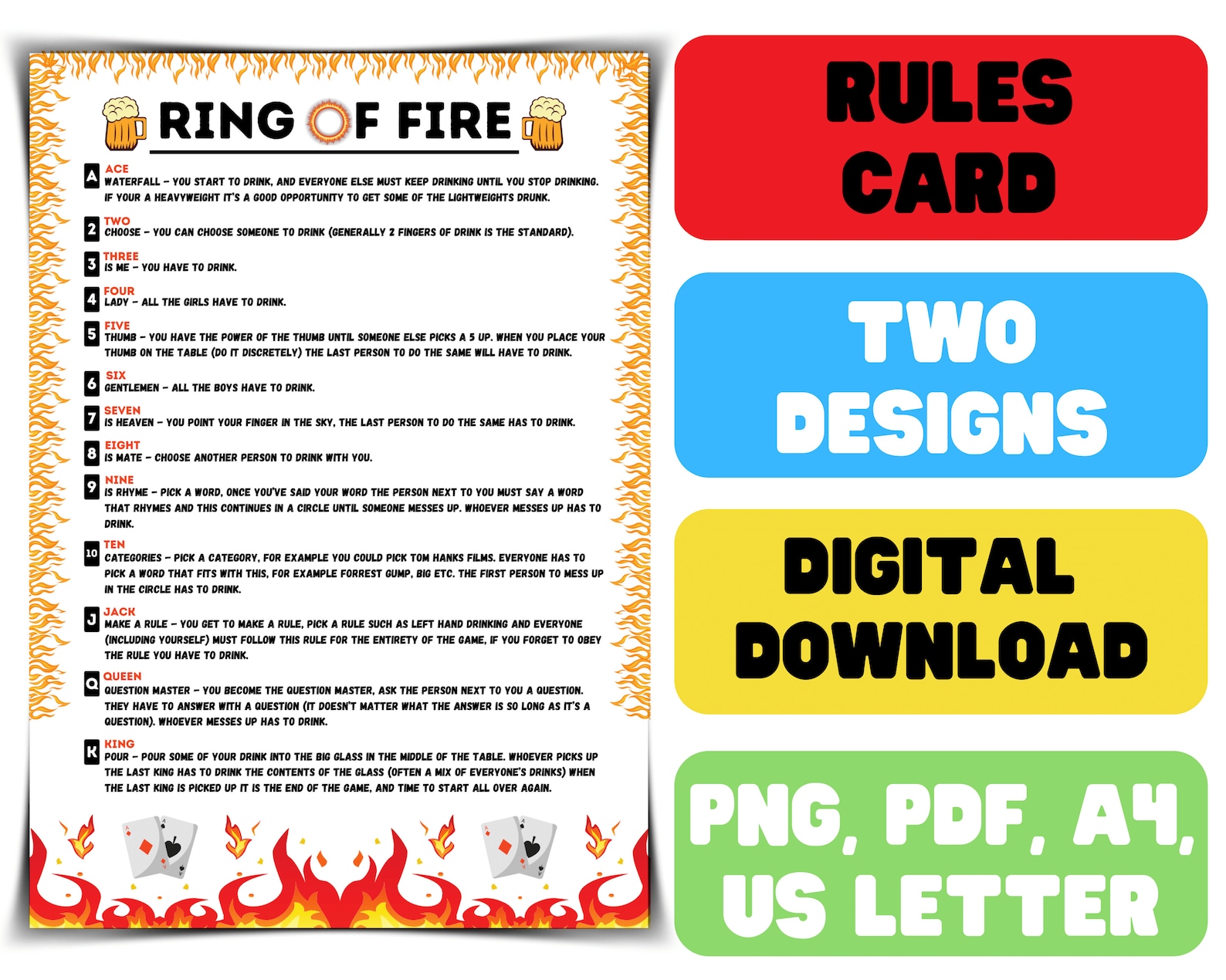 Ring of Fire Drinking Game Rules: Printable Cards (digital Download ...