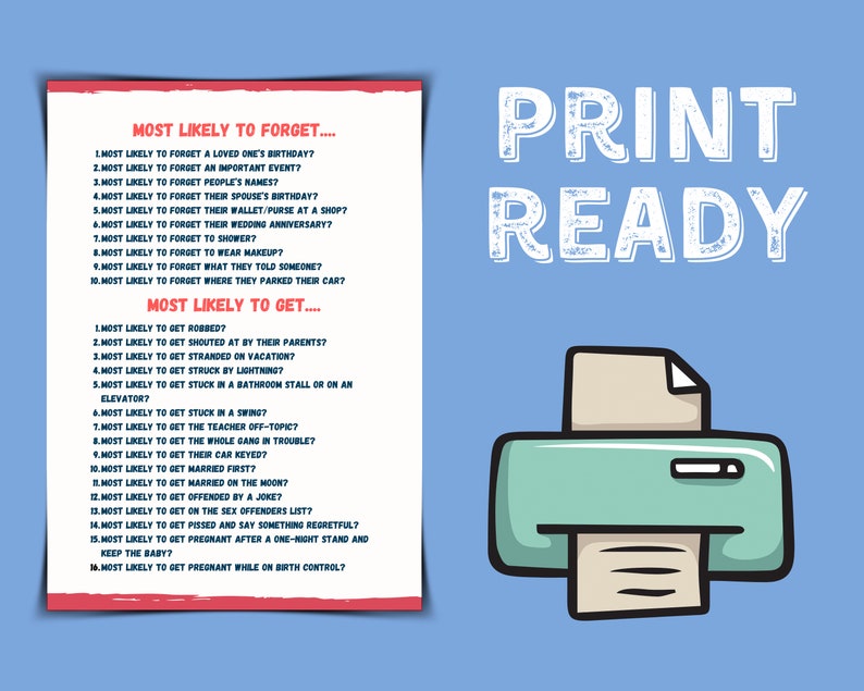 Most Likely Questions Printable Lists Printable Family Game Party Game ... Most Likely Questions Printable Lists Printable Family Game Party Game ...