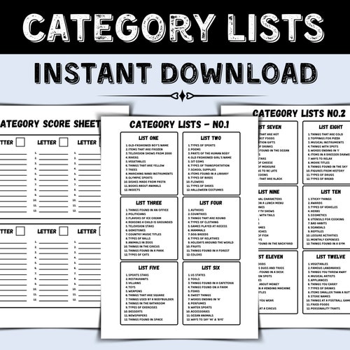 Printable Categories Game Lists Category Score Sheets - Etsy