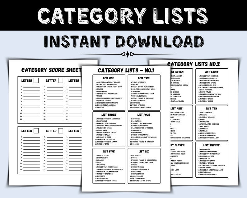 Printable Categories Game Lists - Category Score Sheets - Printable ...