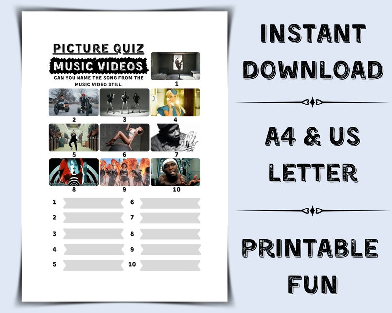 Music Video Picture Quiz: Printable Trivia Game (instant Download ...