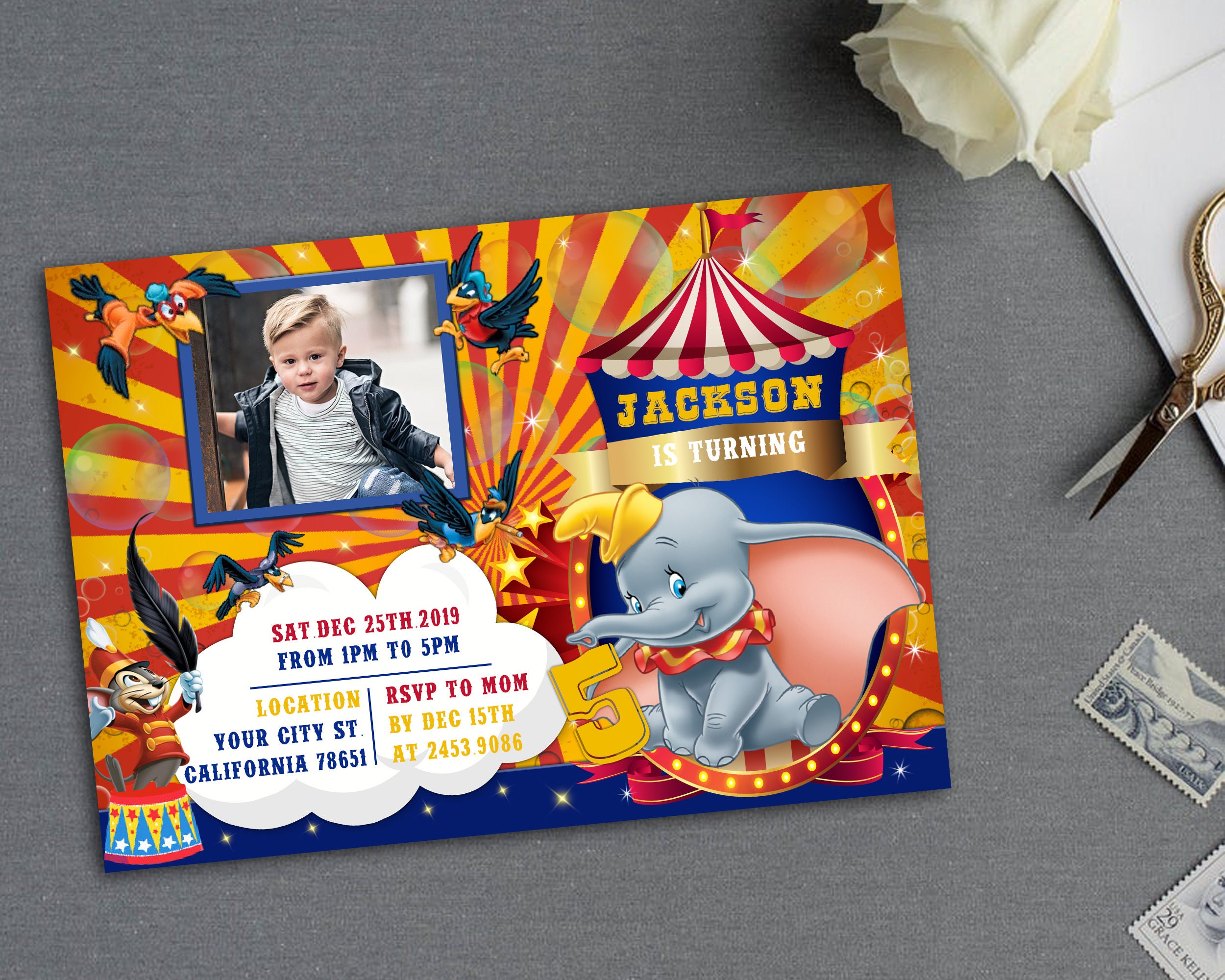 Dumbo Birthday Invitation With Photo Elephant Birthday - Etsy