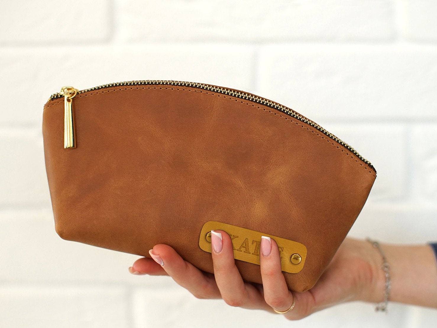 Leather Makeup Pouch Personalized Womens Cosmetic Bag | Etsy