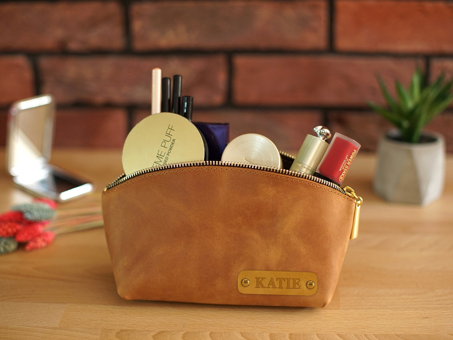 Leather Makeup Pouch Personalized, Womens Cosmetic Bag, Customized ...