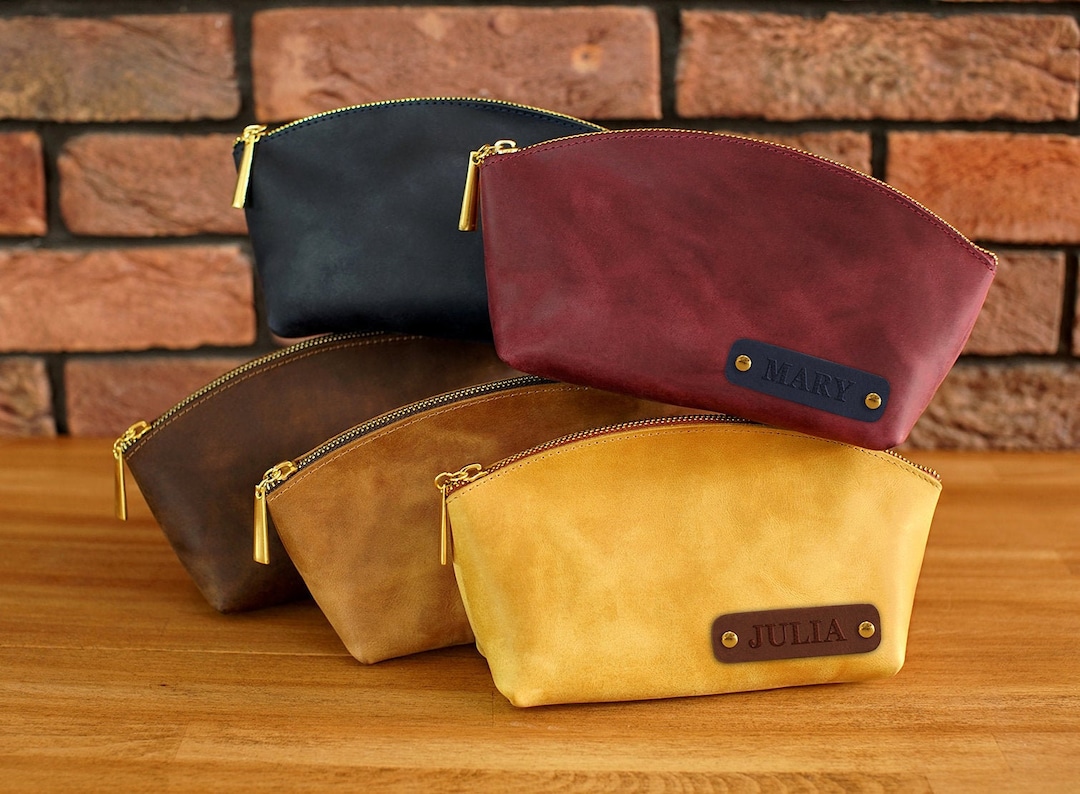 Personalized Leather Cosmetic Bag for Women, Leather Makeup Case ...