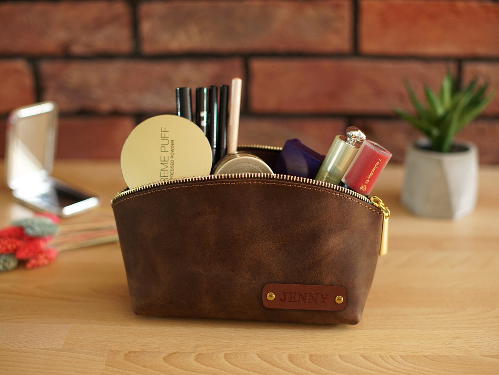 Leather Makeup Pouch Personalized, Womens Cosmetic Bag, Customized ...