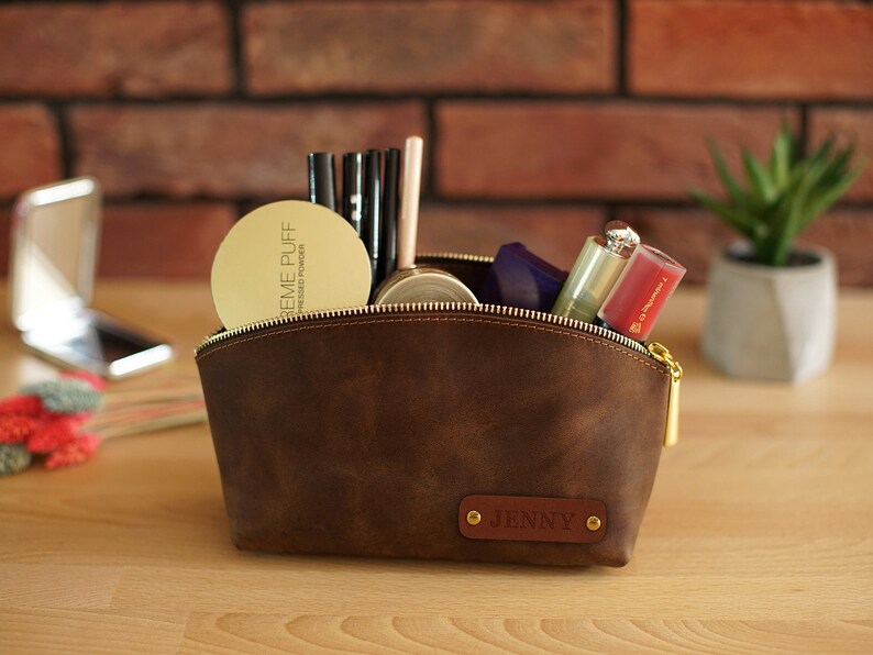 Leather Makeup Pouch Personalized, Womens Cosmetic Bag, Customized ...