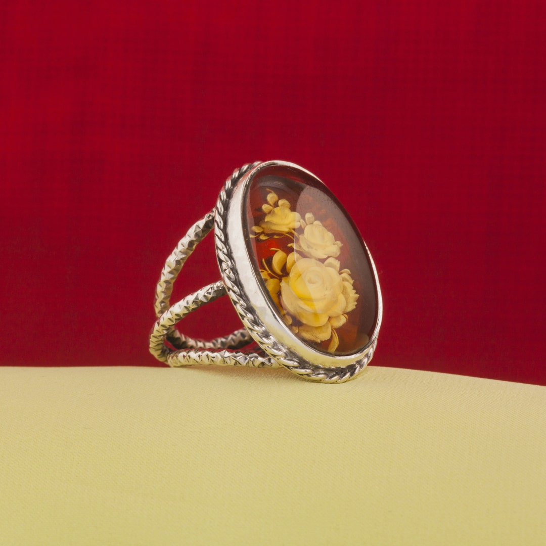 Turkish Handmade, Baltic Amber, Intaglio, Engraved Rose, 925k Silver ...