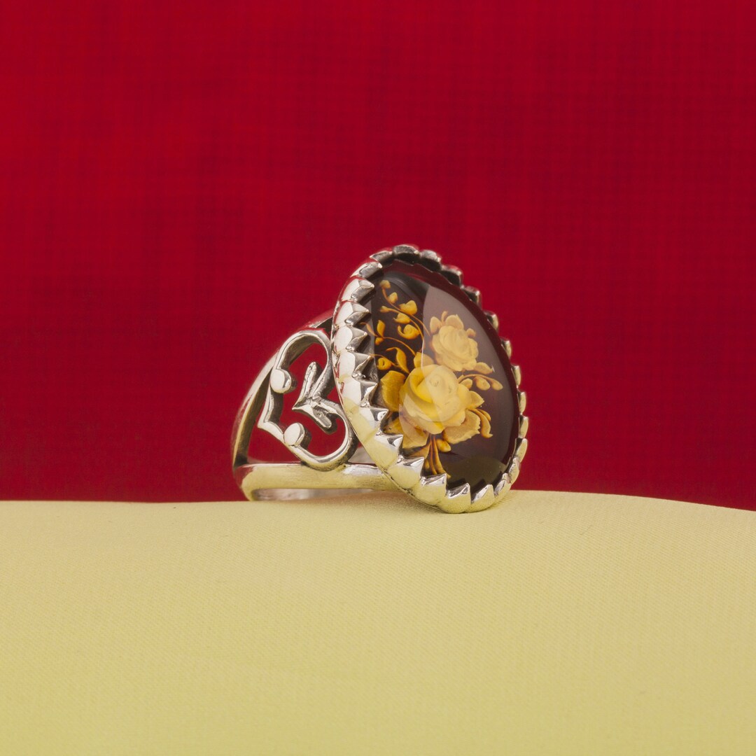 Handmade Baltic Amber Cameo Carved Rose Silver Women Ring, Valentine's ...