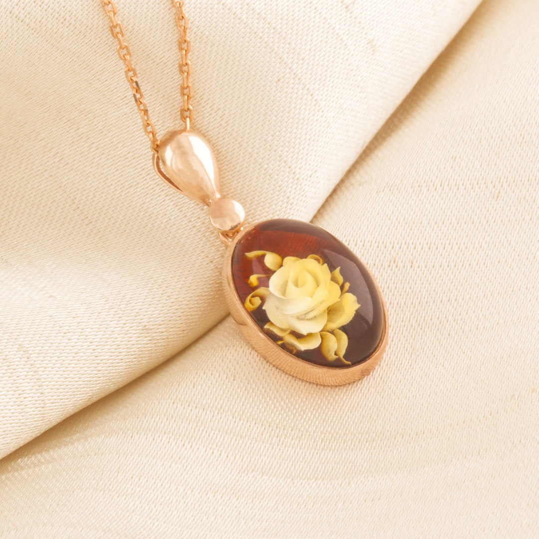 Handmade Baltic Amber, Intaglio, Cameo Rose, Silver Woman Necklace ...
