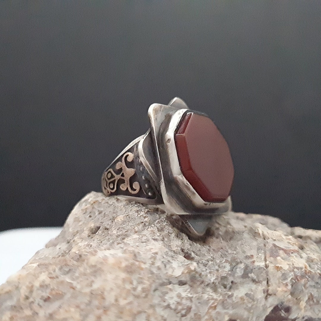 Handmade Aqeeq Gemstone Octagon Kurulus Osman Model Silver Men Ring ...