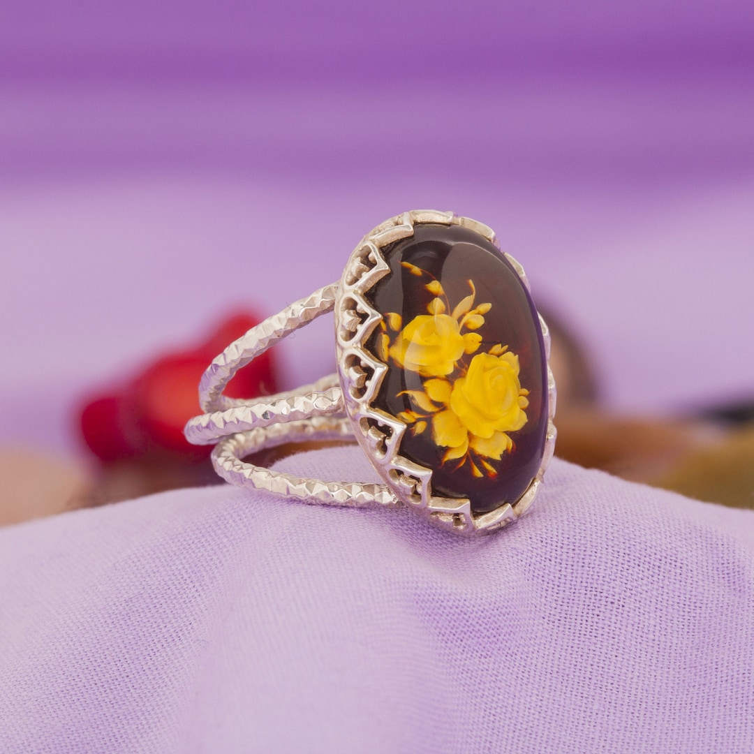 Handmade Baltic Amber Rose Cameo Ring: Sterling Silver Intaglio - Etsy