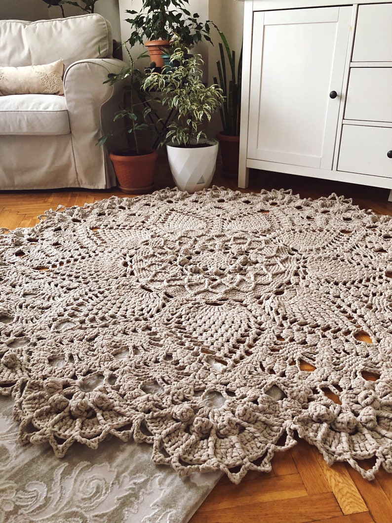 Rug, Crochet Cotton Beige Rug, Country Lace Rug, %100 Cotton Ribbon ...