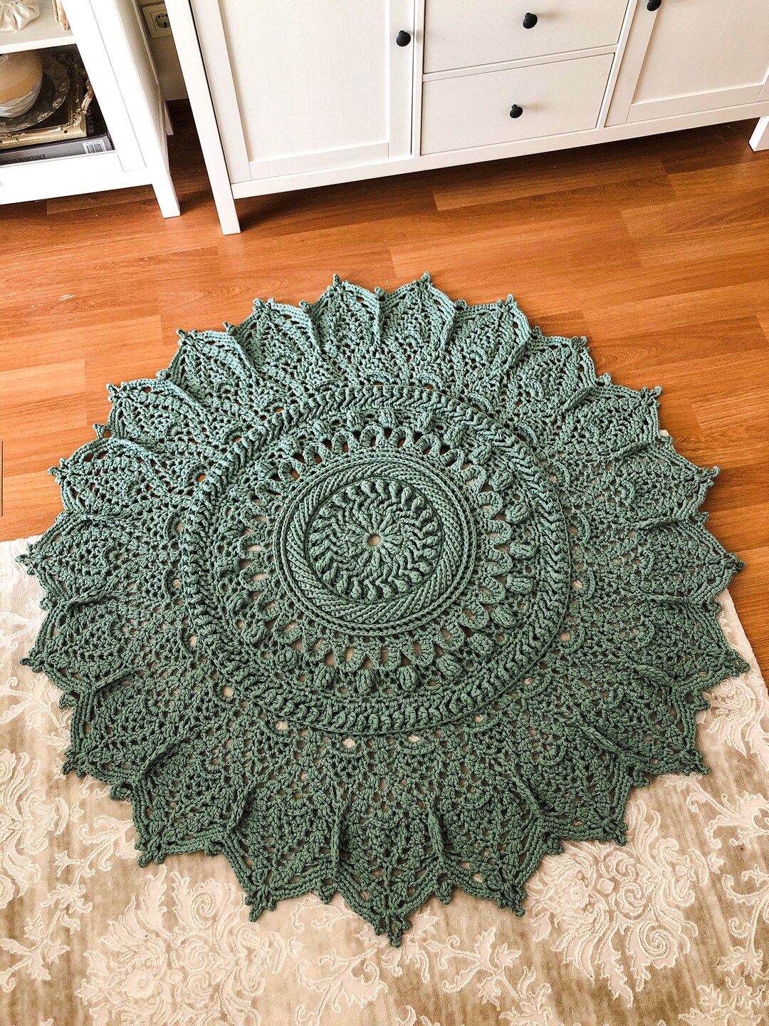 Jade Rug, Crochet Oversized Mint Green and Chocolate Brown Lace Rug ...
