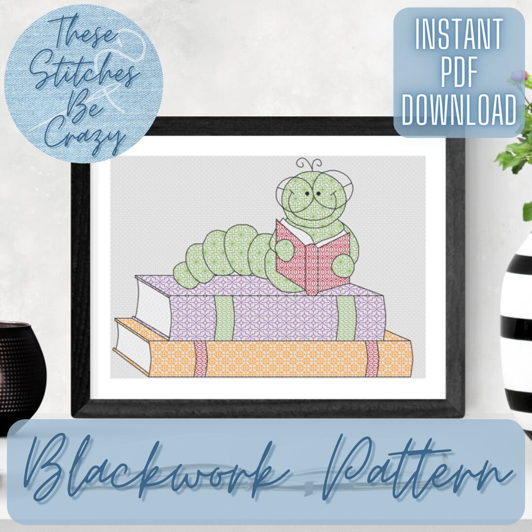 Bookworm - Blackwork Pattern (PDF Download) Book Lover Reading Hobby ...