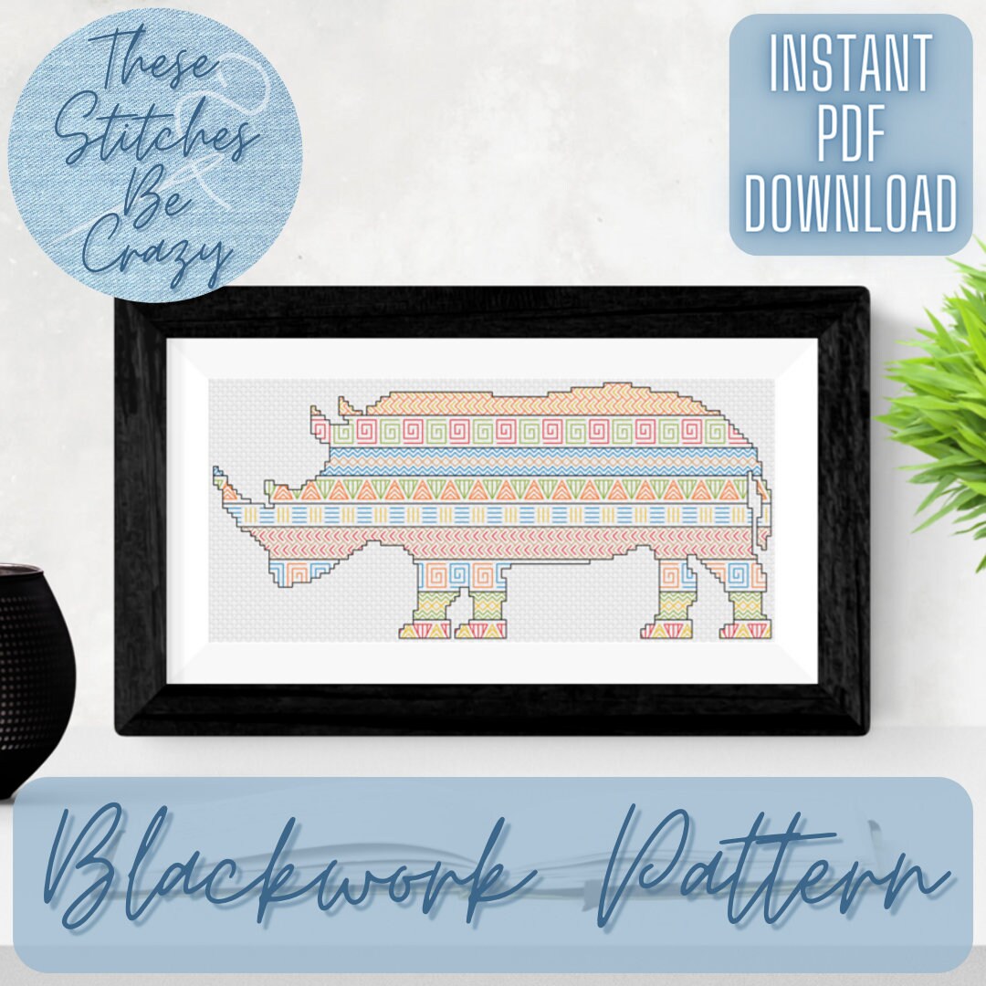Rhinoceros Blackwork Pattern PDF Download Wild Animal Cute Colourful ...
