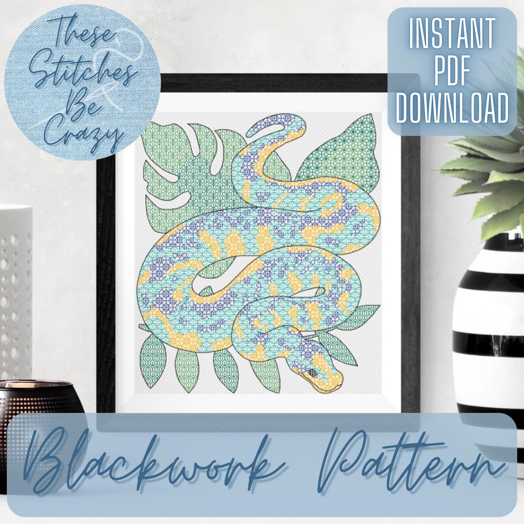 Slithering Snake - Blackwork Pattern (PDF Download) Animal Leaves ...
