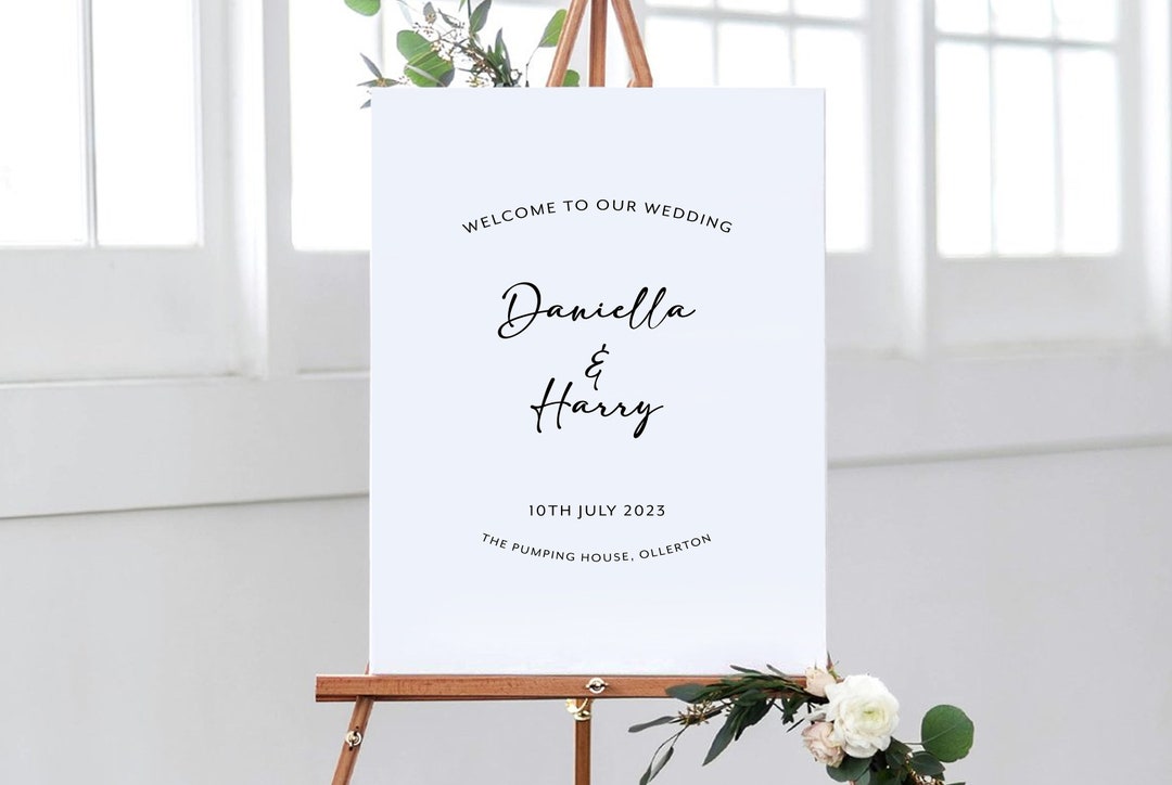 Black and White Modern Wedding Sign, Simple White Wedding Welcome Sign ...