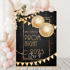 Black and Gold Prom Party Sign, Welcome to Prom Night Disco Party Sign ...