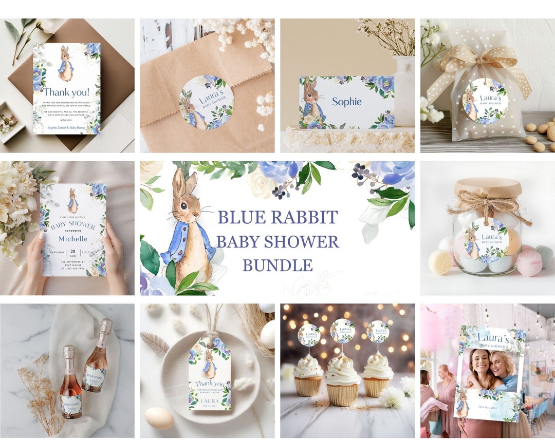 Blue Rabbit Baby Shower Bundle, Boy Baby Shower Invite Bundle, Blue ...