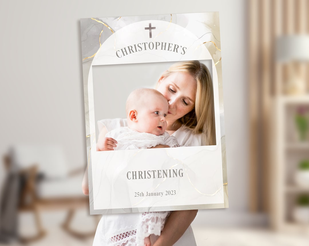 Neutral Christening Selfie Frame & Christening Welcome Sign, Grey and ...