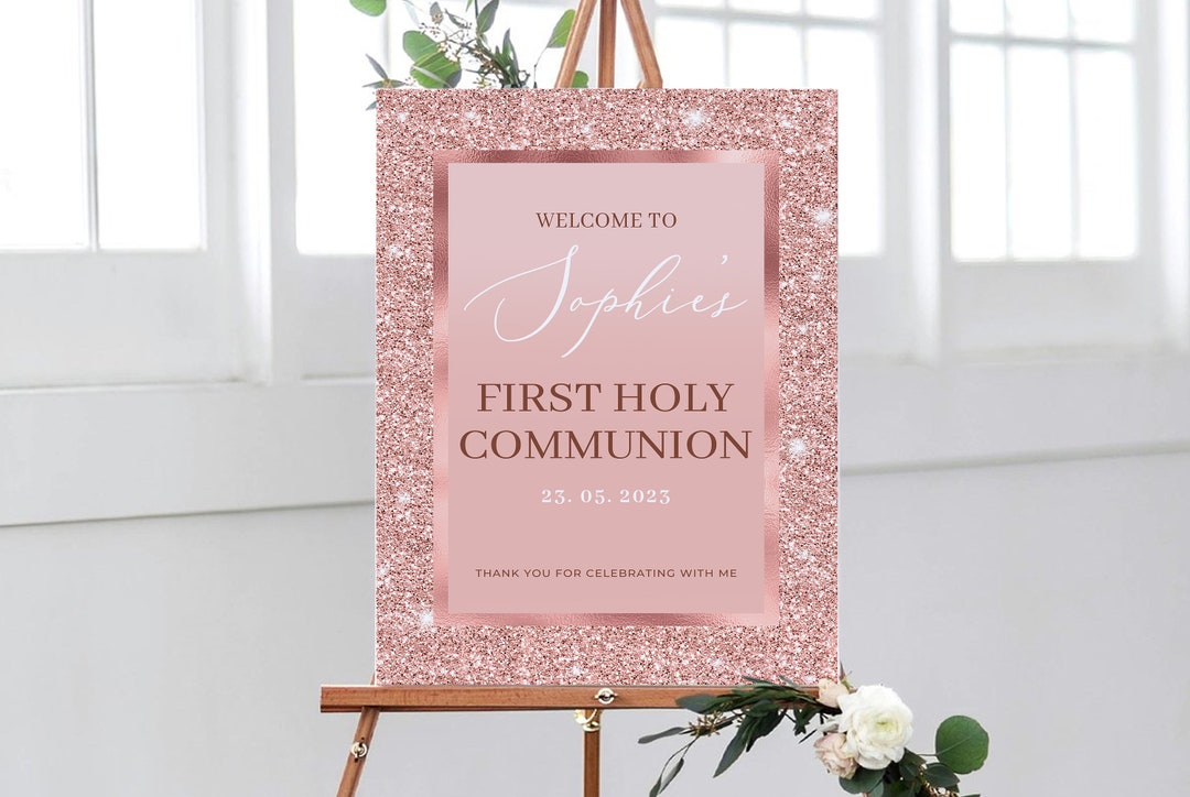 First Holy Communion Party Welcome Sign, Rose Gold 1st Holy Communion ...