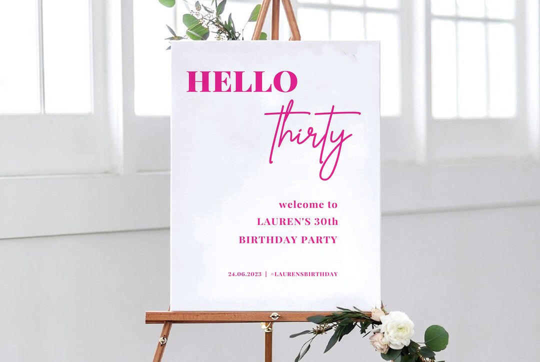 Hello 30 Welcome Party Sign, Pink and White 30th Birthday Party Sign ...