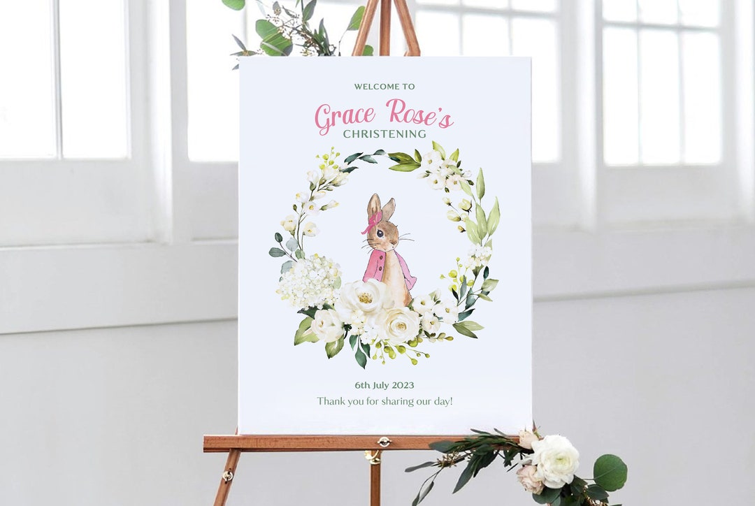 Christening Welcome Sign, Pink Rabbit Christening Sign, Girl's ...