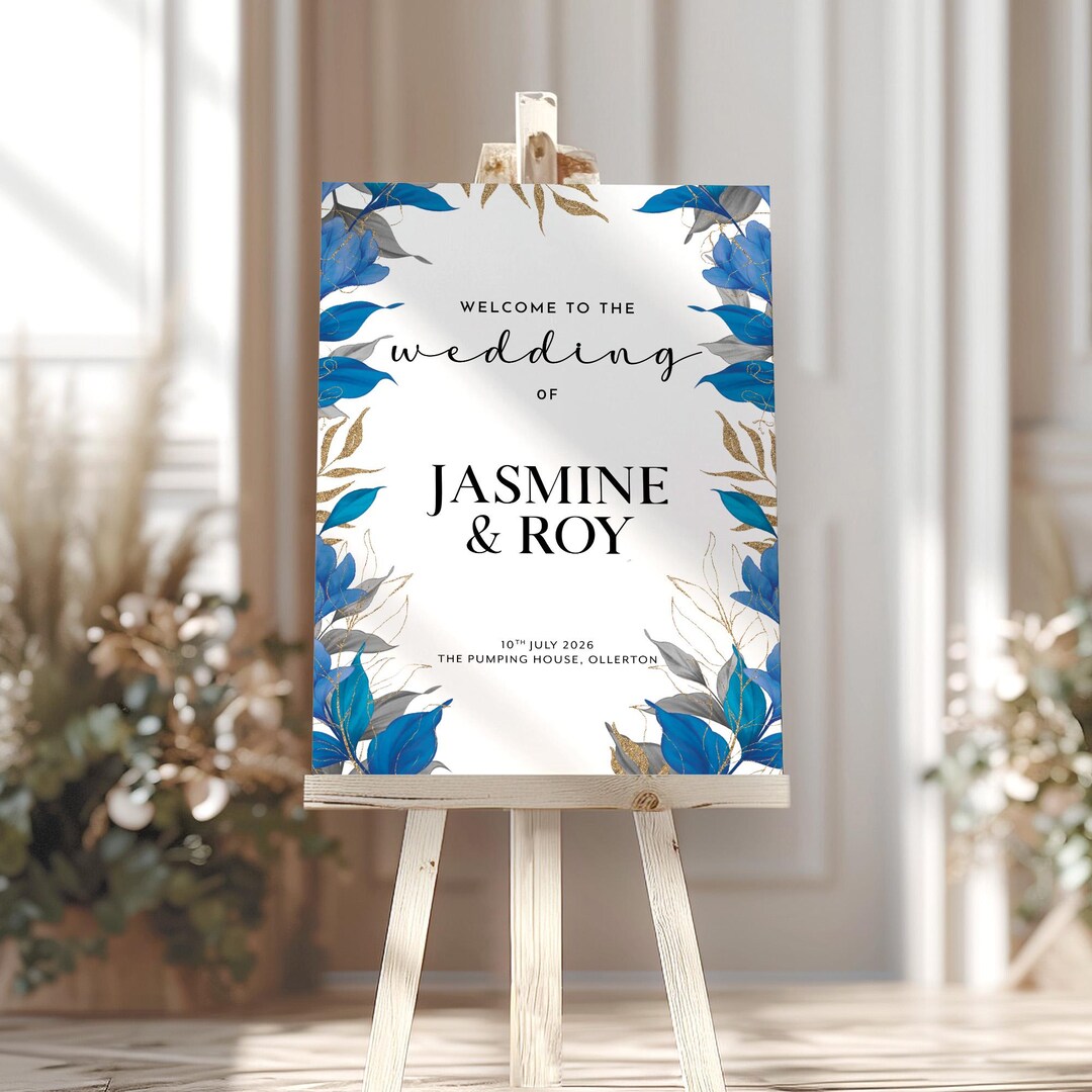 Blue and Gold Wedding Welcome Sign, Blue Leaves Wedding Reception ...