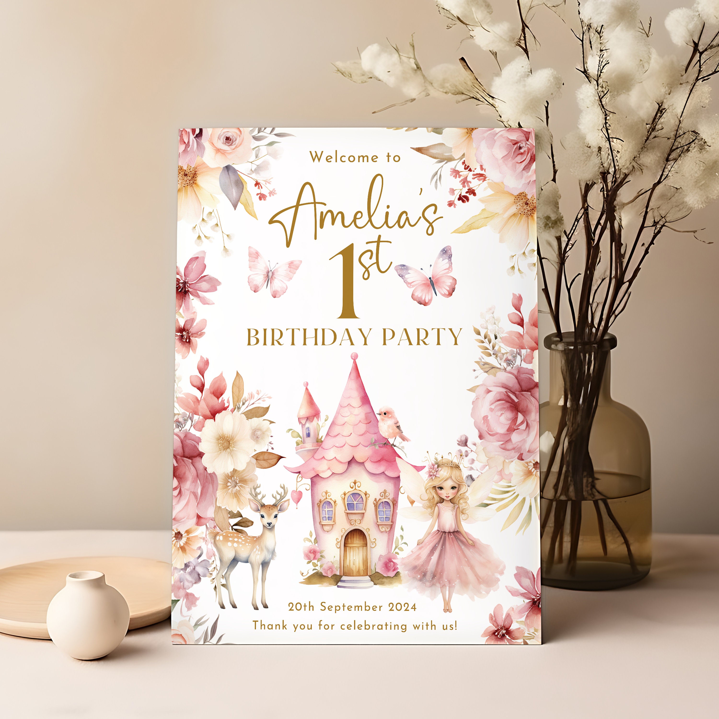 Fairy First Birthday Party Sign, Girl's 1st Birthday Welcome Sign ...