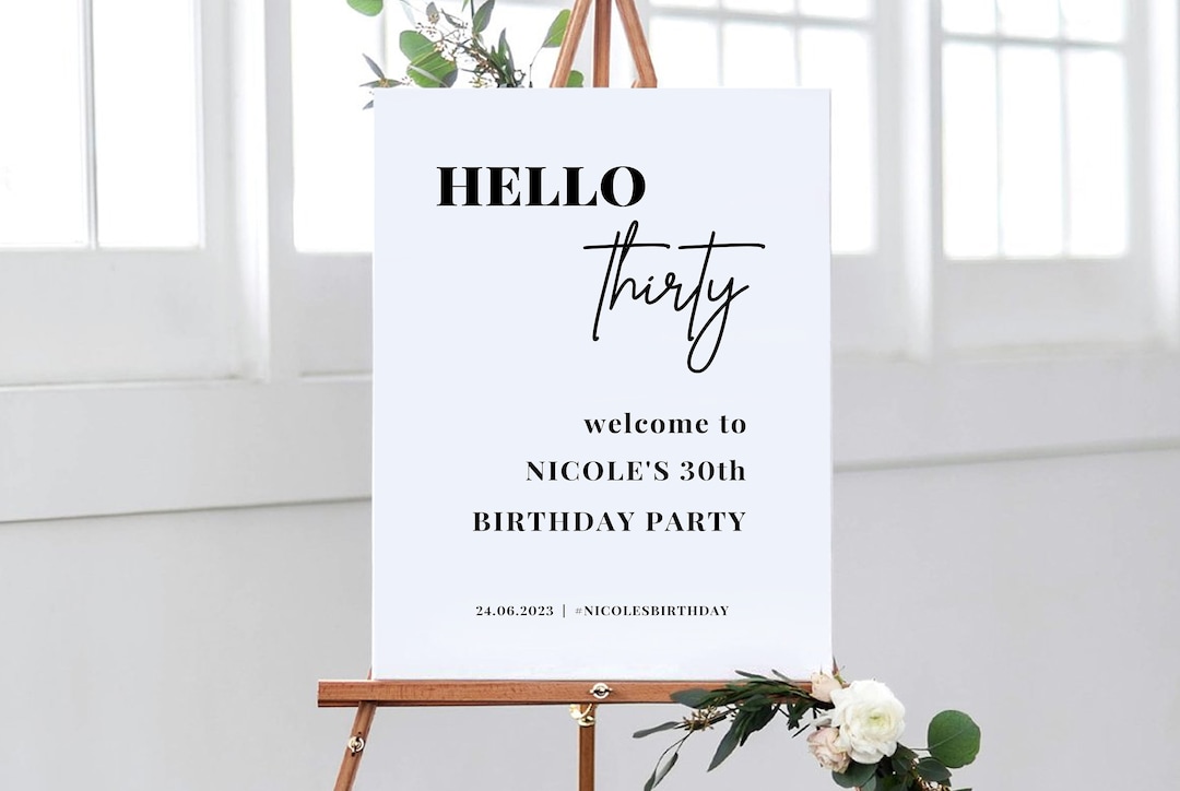 Hello 30 Welcome Party Sign, Black and White 30th Birthday Party Sign ...