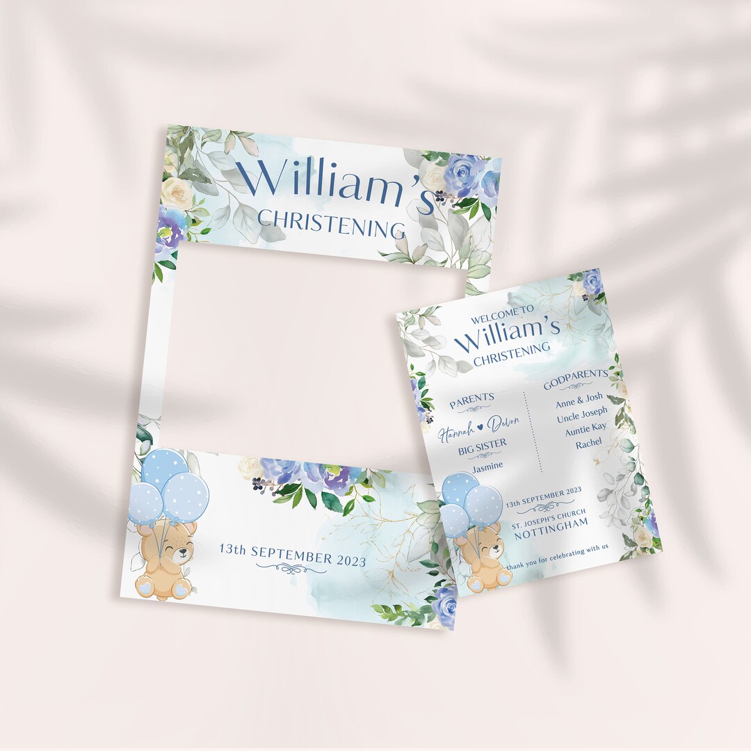 Boy's Christening Selfie Frame and Welcome Sign, Teddy Bear Christening ...