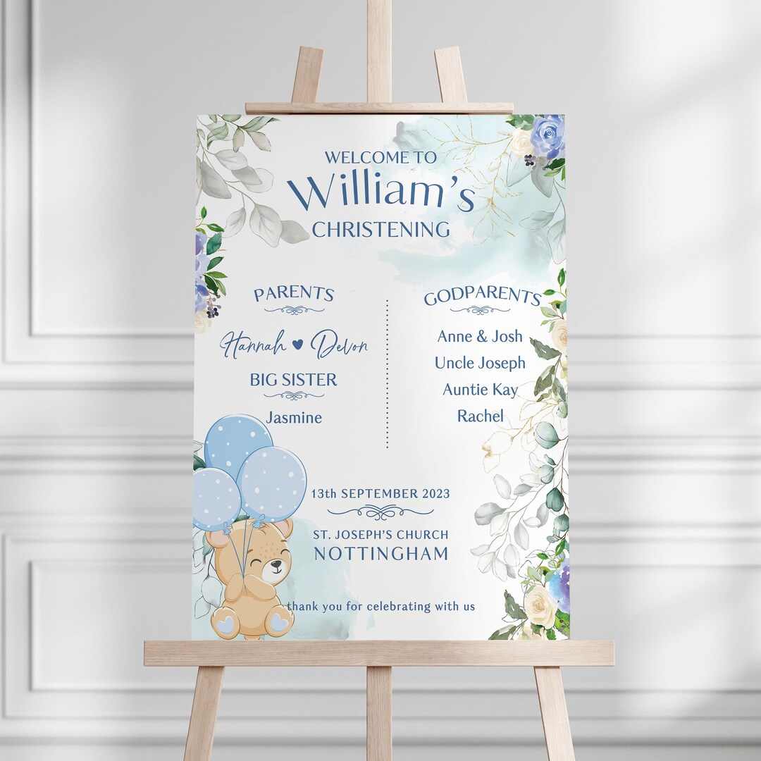 Christening Welcome Sign, Teddy Bear Christening Sign, Boy's ...