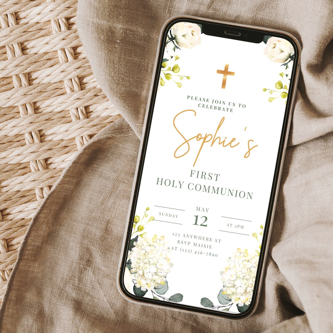 White Rose First Holy Communion Digital Invitation, Mobile Phone ...